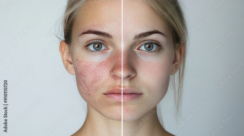 Split image of a woman's face, showing acne on one half and clear skin ...