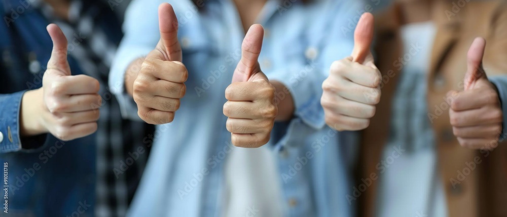 Group of people in casual clothes, giving thumbs-up gestures, creating ...