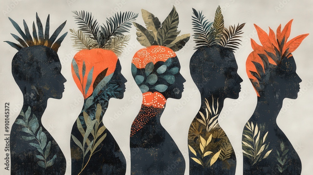 Five stylized silhouettes showcase unique botanical designs, blending ...