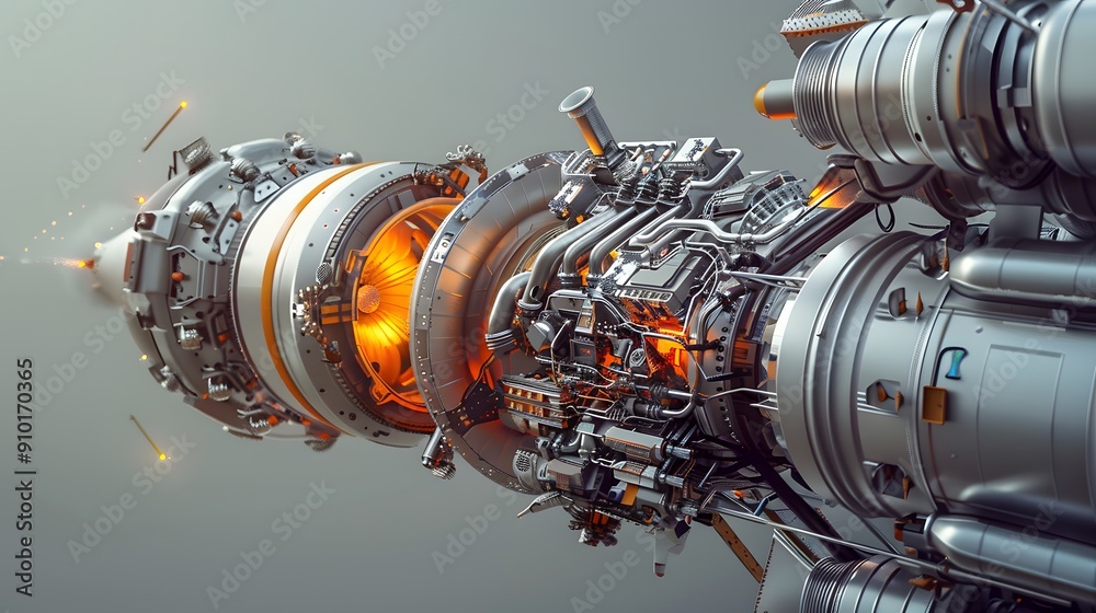 Complex 3D visualization of a multi-stage rocket engine with parts ...