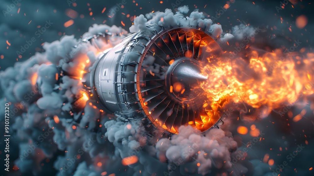 Intricate 3D visualization of a jet engine with parts in mid-explosion ...