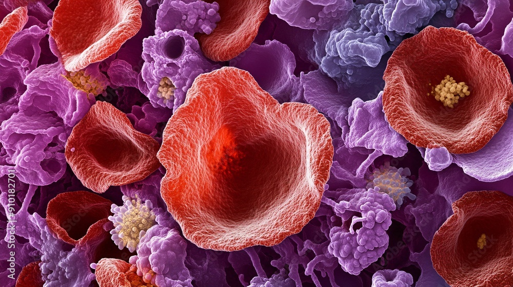 This detailed microscopic image captures the dynamic world of blood ...