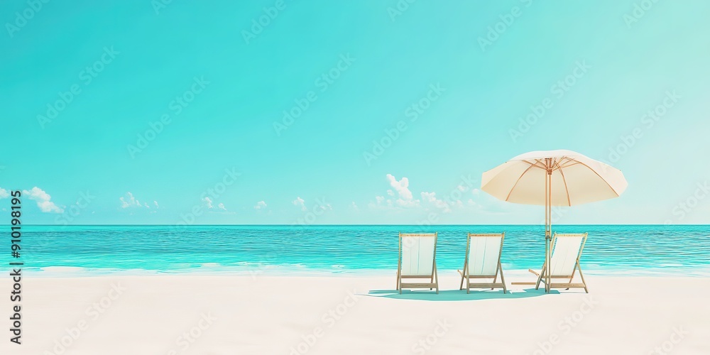 Summer Vacation Beach Scene with Two Chairs and Umbrella on White Sand ...