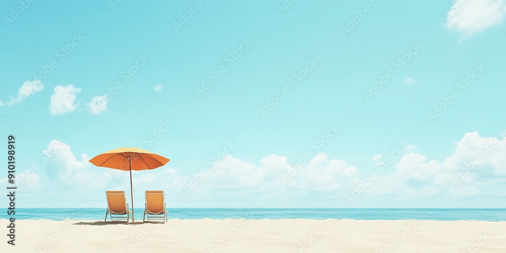 Summer Vacation Beach Scene with Two Chairs and Umbrella on White Sand ...