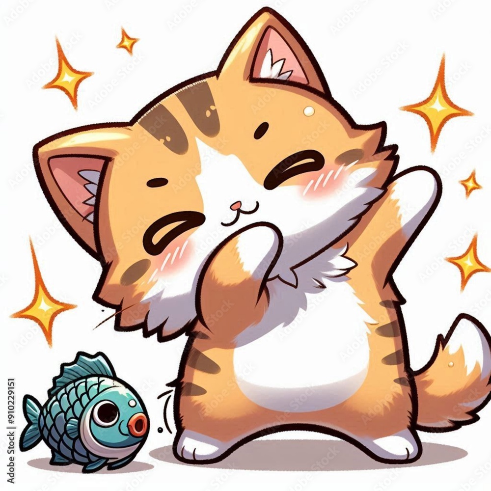 Cute chibi cat doing the Dab meme gesture with a fish on the ground on ...