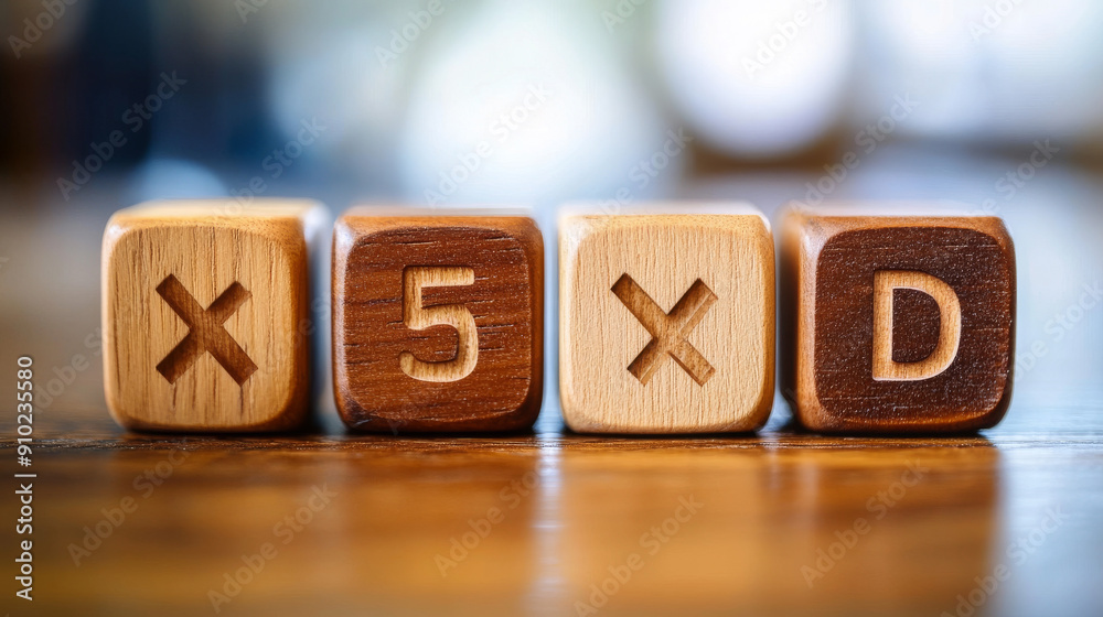 Math symbols like plus, minus, multiply, and divide are shown on wooden ...