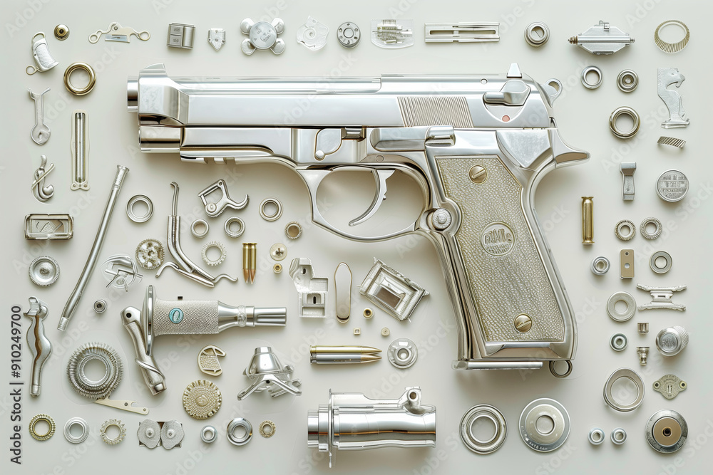 One handgun surrounded by disassembled gun parts and details. Layout ...