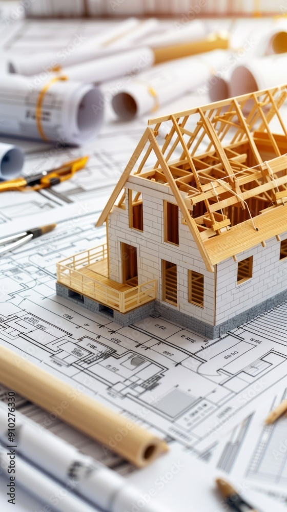 Image shows a toothpick model house on architectural drawings, with ...