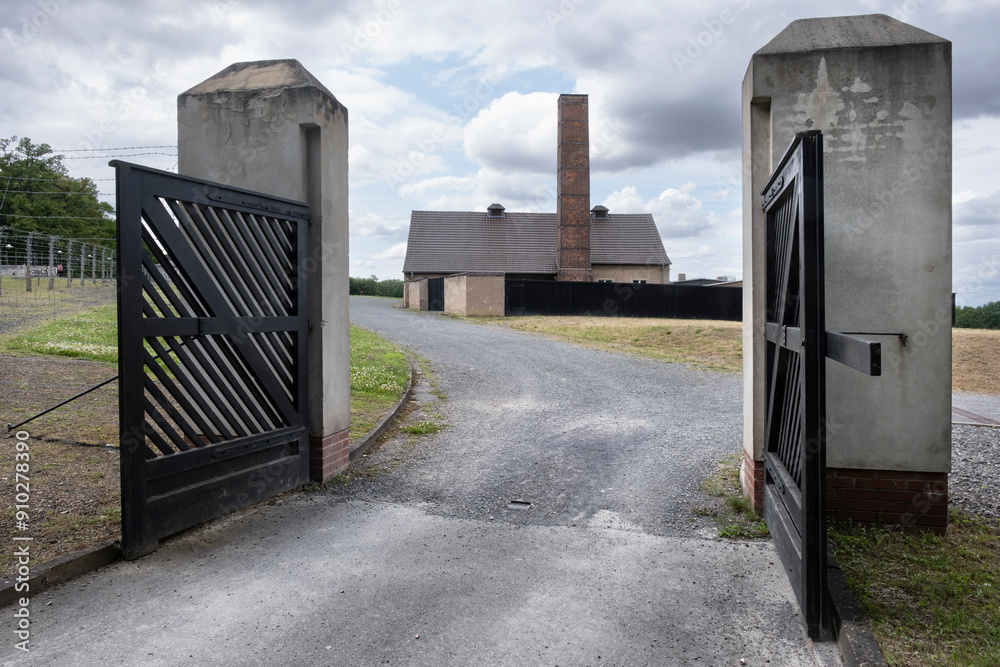 Buchenwald concentration camp site. Opened entrance gate with heavy ...