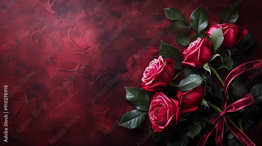 Classic rose arrangement and velvet ribbon on a deep crimson background ...