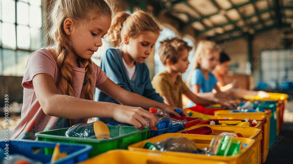 Children sorting recyclable materials. A group of kids engaged in a ...
