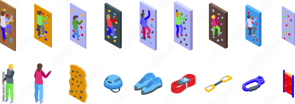 Kids climbing wall icons set. People climbing on climbing wall with ...