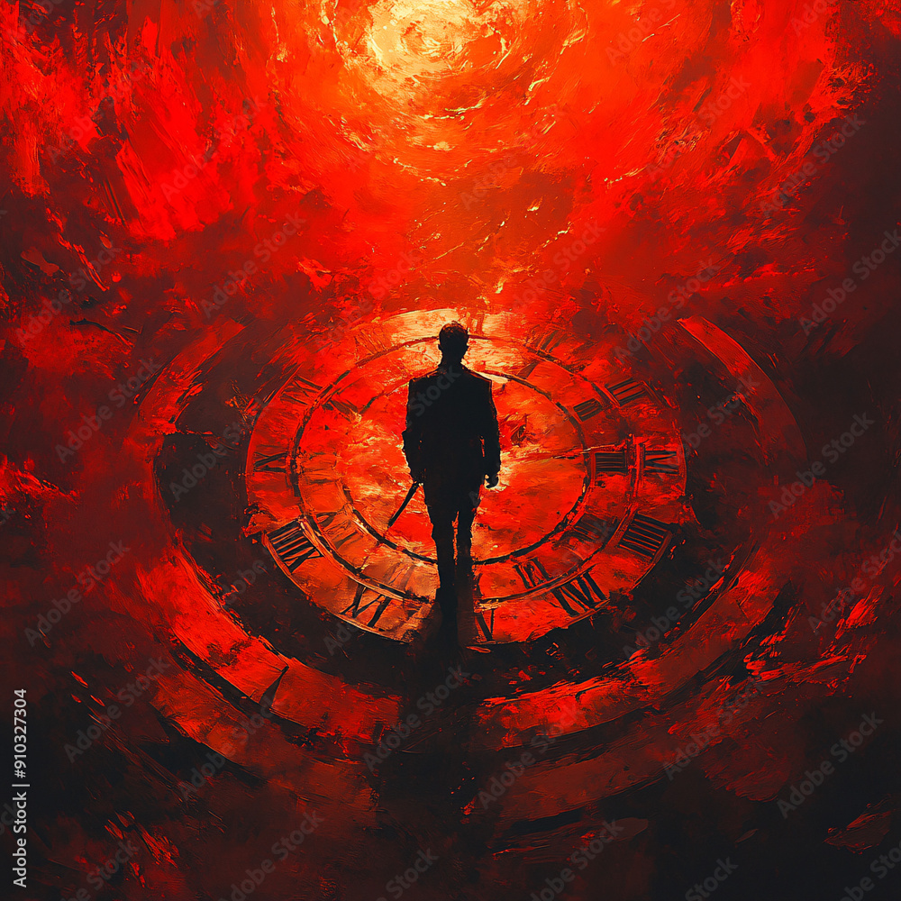 Time Traveler Man walking around large red-illuminated clock face ...