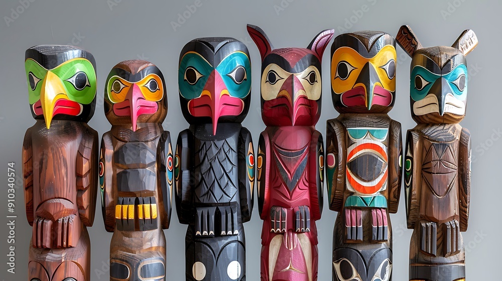 Traditional Native American totem pole with carvings, vibrant colors ...