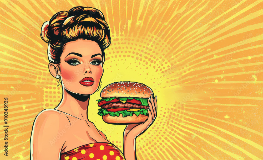 Expressive Pop Art Female Portraits with burger. Urban Backdrop 1960s ...