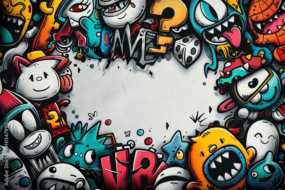 Blank center with vibrant doodles around the edges, including cartoon ...