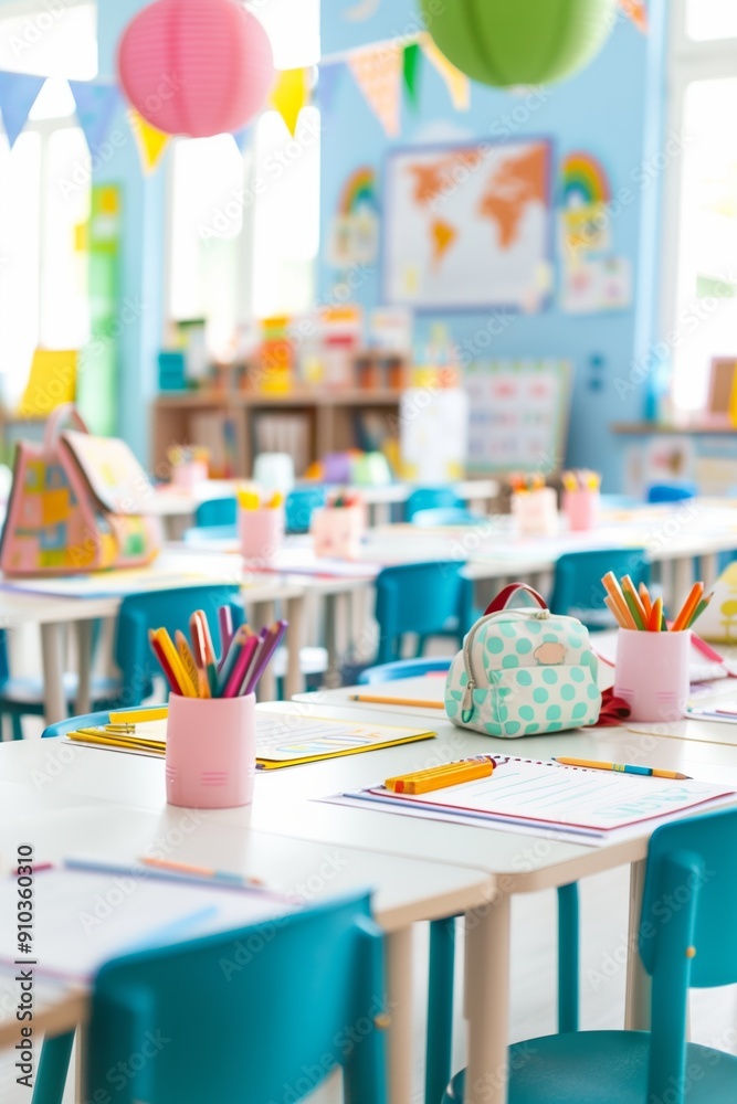 Bright and colorful classroom ready for students. On the desks there ...