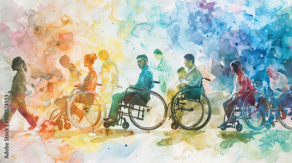 Colorful art watercolor painting depicts a diverse group of ...
