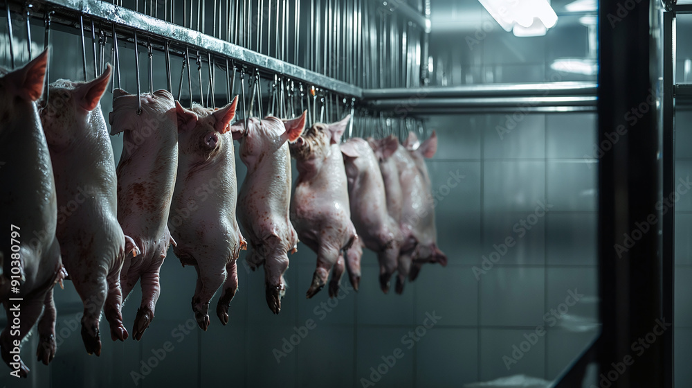pigs hanging in a cold storage facility, cleanliness and orderliness of ...