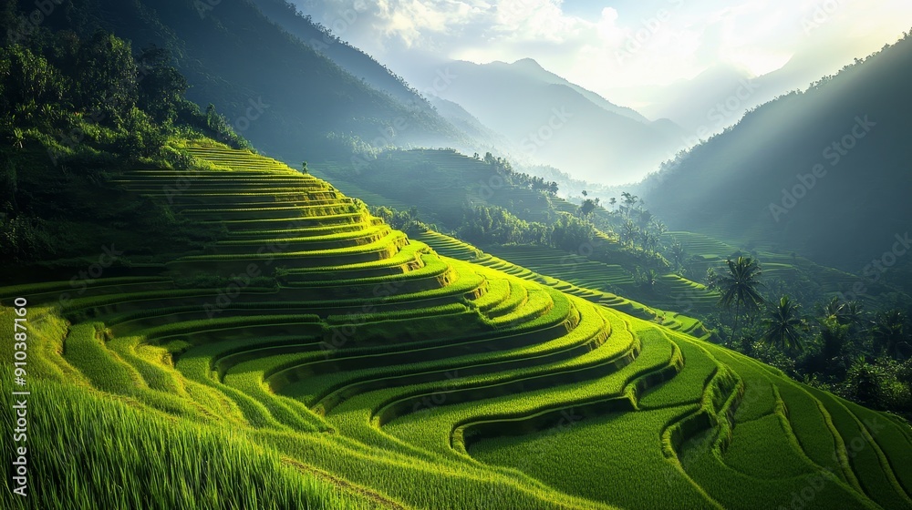 Lush Green Rice Terraces in Mountain Valley - Stunning Landscape ...