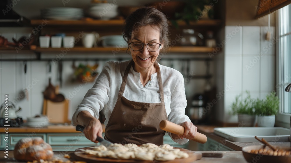 Beautiful middle-aged housewife cooking in modern cozy kitchen. Smiling ...