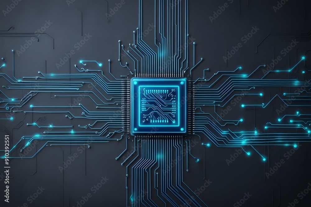 Abstract technology chip processor background circuit board and html code,3D illustration blue ...