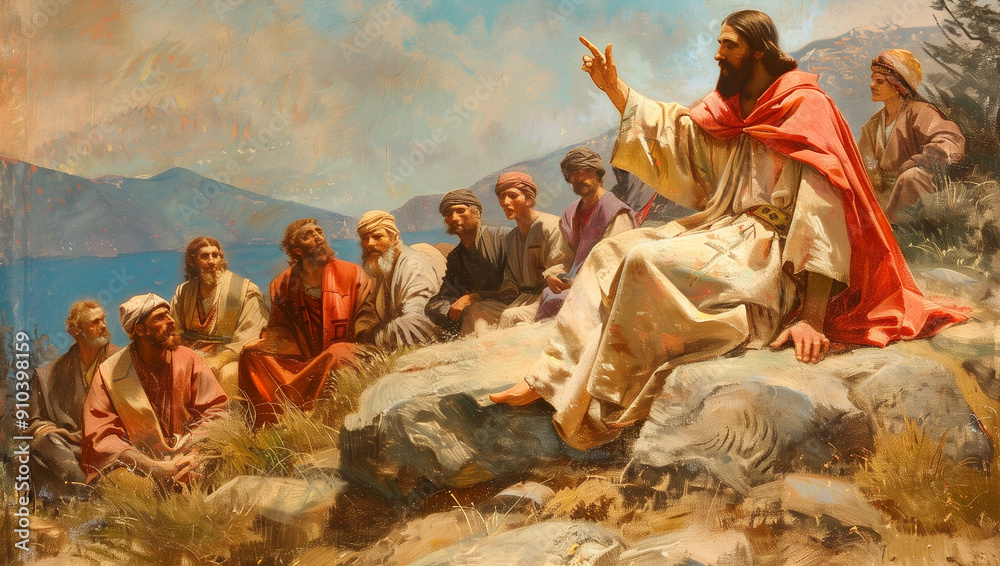 Jesus Christ preaching at the Sermon on the Mount, blessing the poor ...