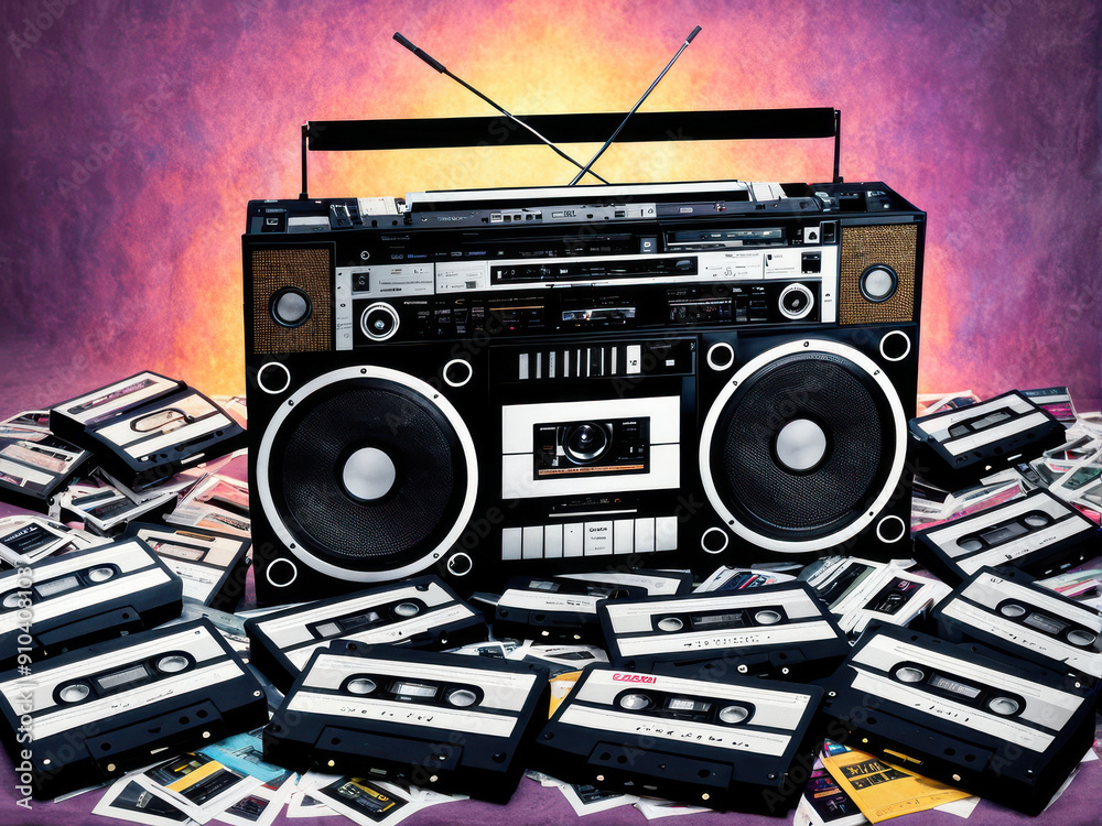 Nostalgia on Tape: iconic image of a classic boombox surrounded by ...
