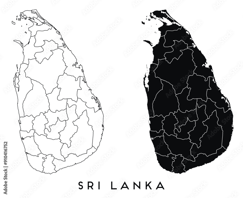 Sri Lanka map of regions districts vector black on white and outline ...