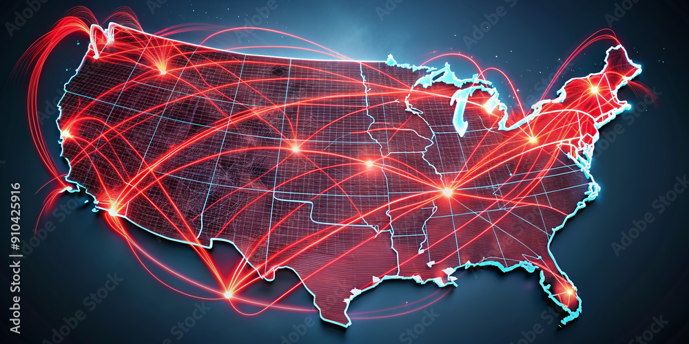 Vibrant abstract map of the United States with bold red circle lines ...