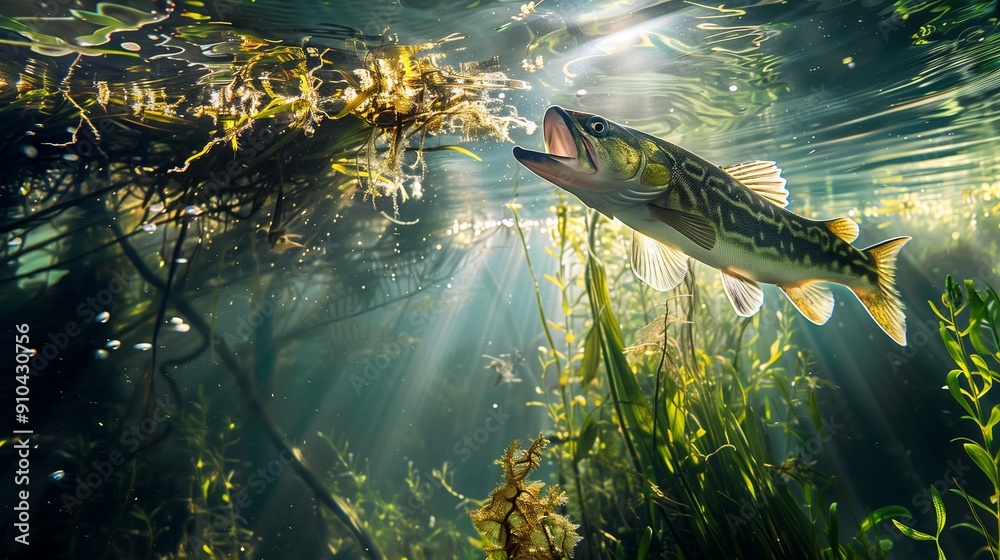 A dynamic underwater scene capturing an American pickerel Esox ...