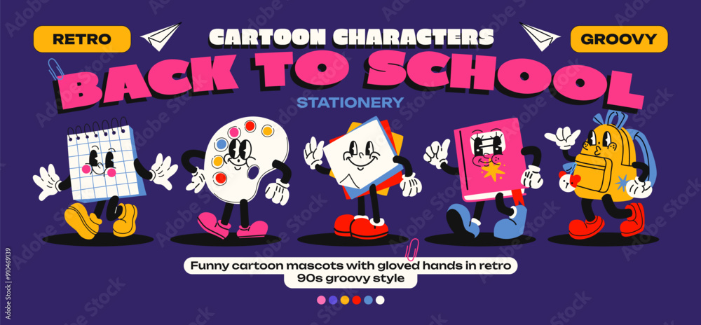 Cartoon mascots stationery. Back to school, school elements backpack ...