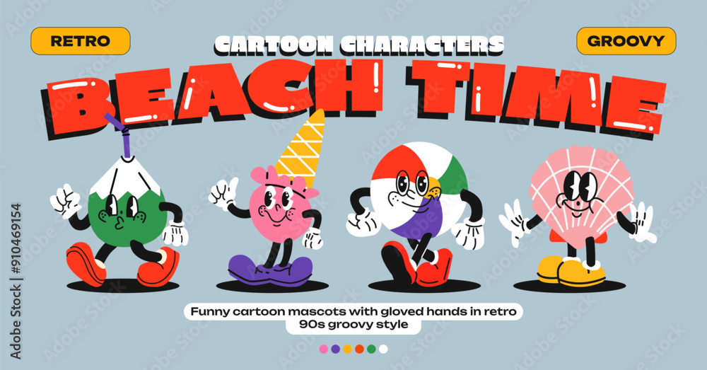 Cartoon mascots beach elements. Beach pool party set: coconut cocktail ...