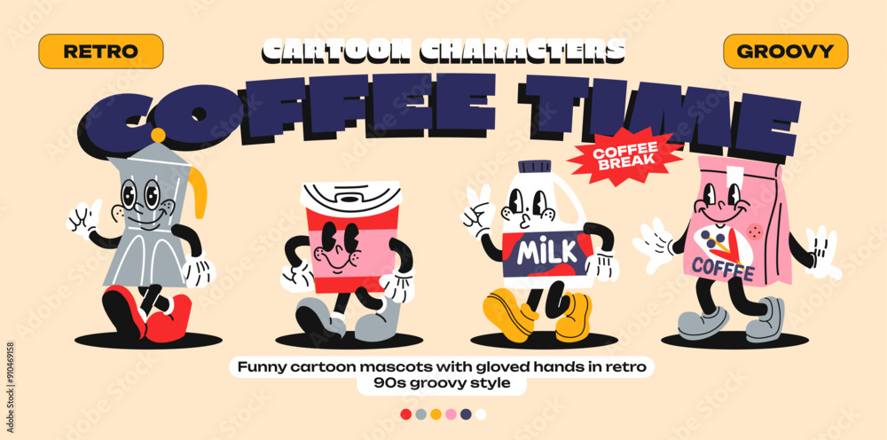 Cartoon mascots coffee. Coffee set: turk, coffee maker, milk, different ...