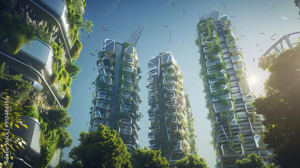 Futuristic urban scene with carbon capture towers, vertical gardens ...
