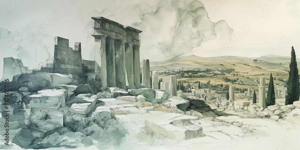 Painting of ancient ruins in the Valley of the Temples, capturing the ...