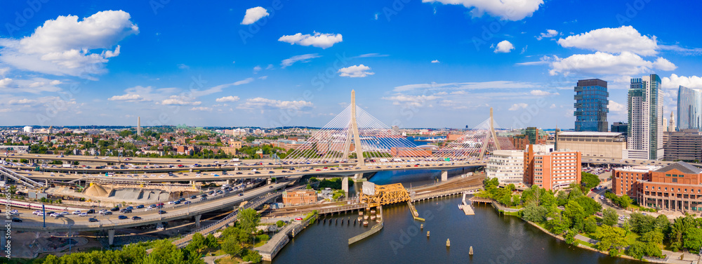 Amazing aerials of Downtown Boston. View of river bridges skyscraper ...