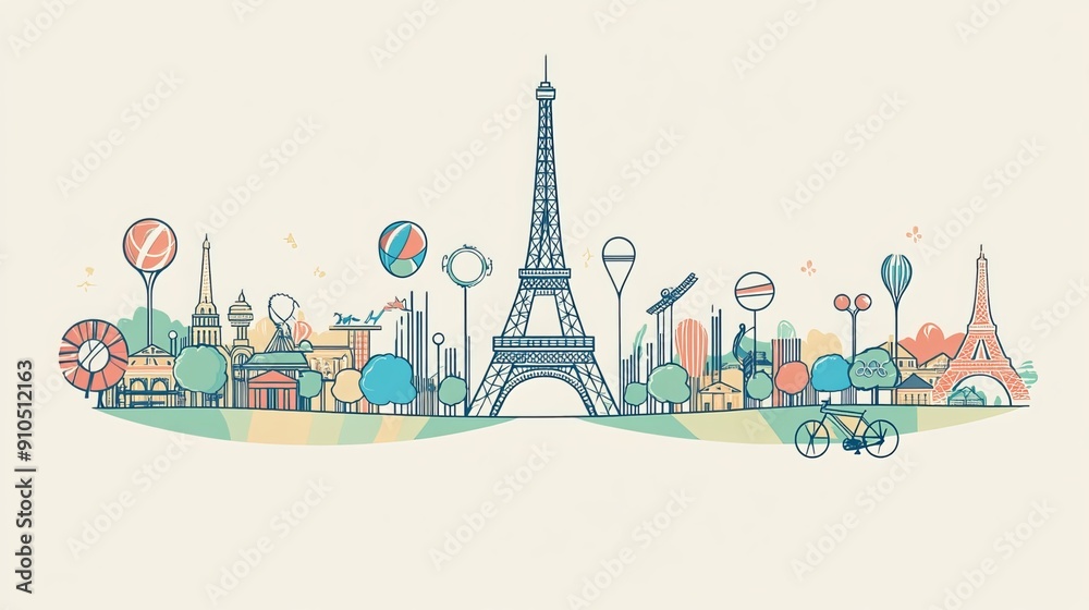 A minimalist drawing of the Paris 2024 Olympics, featuring the Eiffel ...