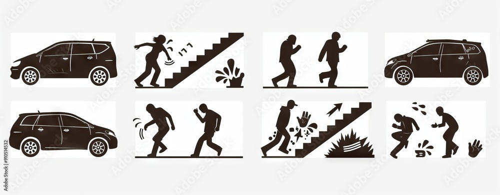 Stick figure accident pictograms set. Set of car accident symbols ...