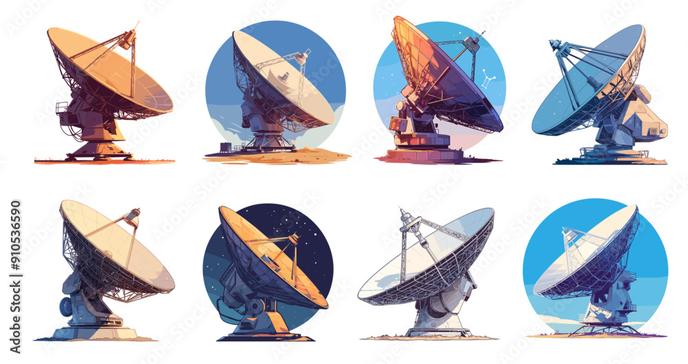 Cartoon satellite dish set. Big wireless communication technology ...