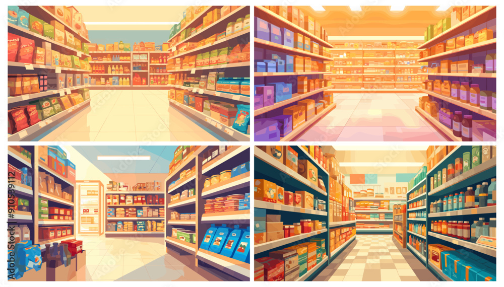 Cartoon supermarket aisle set. Grocery store interior with products on ...