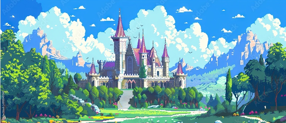 Colorful 16-bit pixel art castle with a scenic backdrop - voxel art in ...