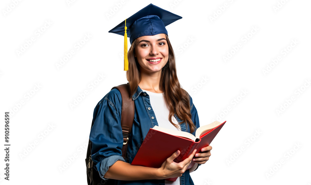Portrait of a smiling young female college student wearing square ...