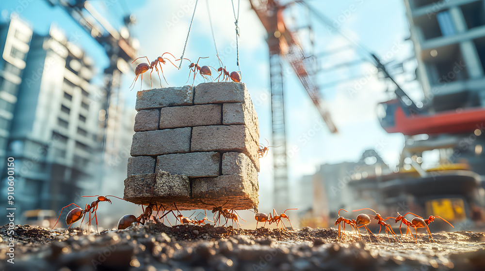 Industrious colony of ants working together to build a sturdy brick ...