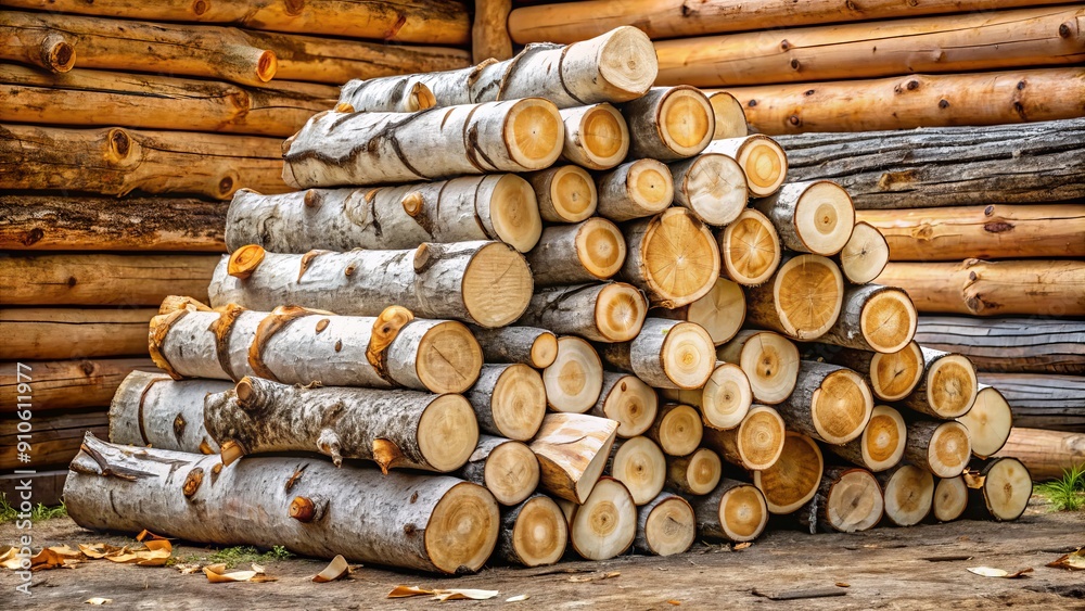 A large outdoor stack of freshly cut birch logs, sawed into uniform ...