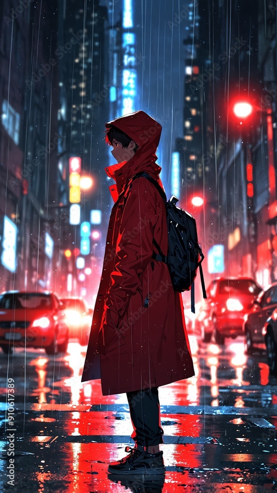 anime boy in red raincoat character illustration cartoon design Stock ...