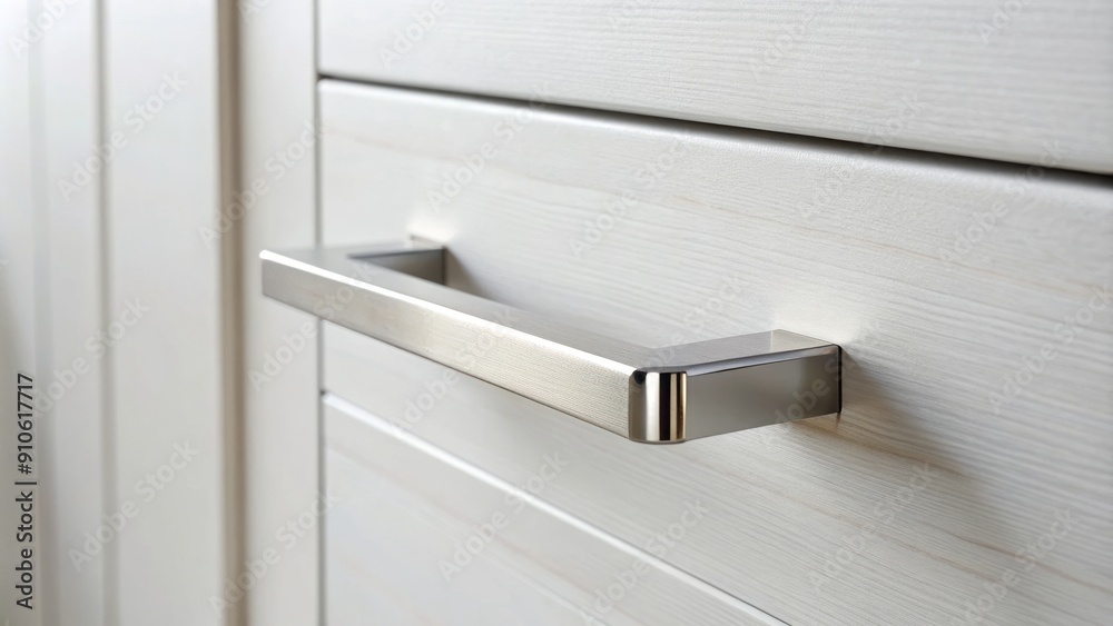Small, modern, silver handle with a minimalist design mounted on a ...