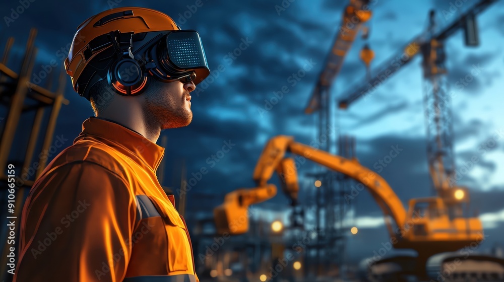 Construction worker wearing virtual reality headset on site, embracing ...
