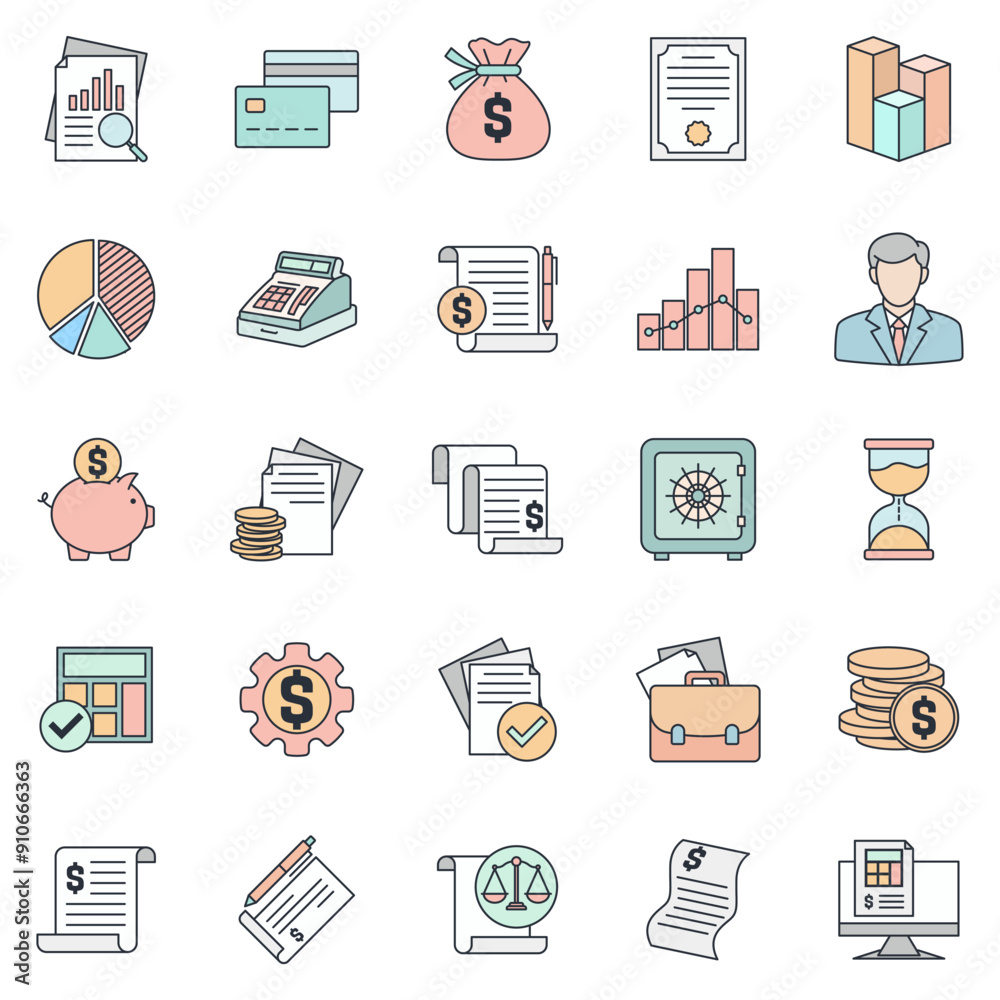 accounting icons set, Included icons as bank Safe, Credit card, Graph ...