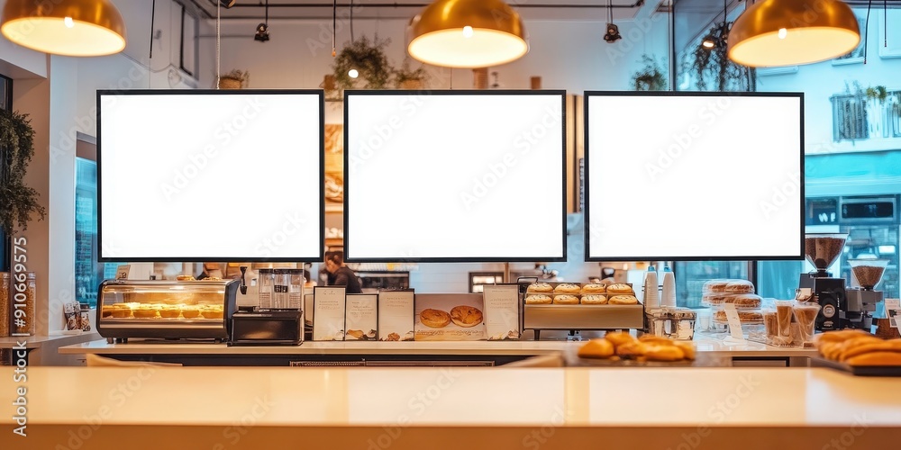 Blank Screens in Modern Cafe Interior,a restaurant with big screen ...